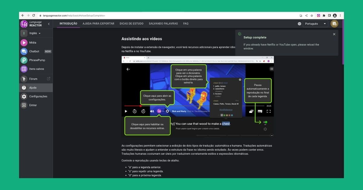 Language Reactor extensão para aprender inglês com séries e filmes